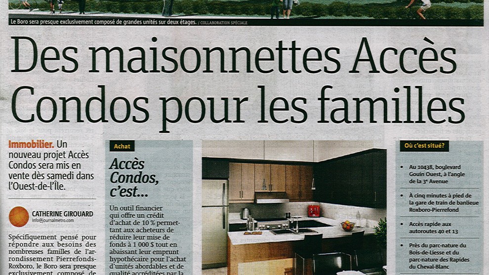 Le Journal Métro parle du projet accrédité Accès Condos - BORO